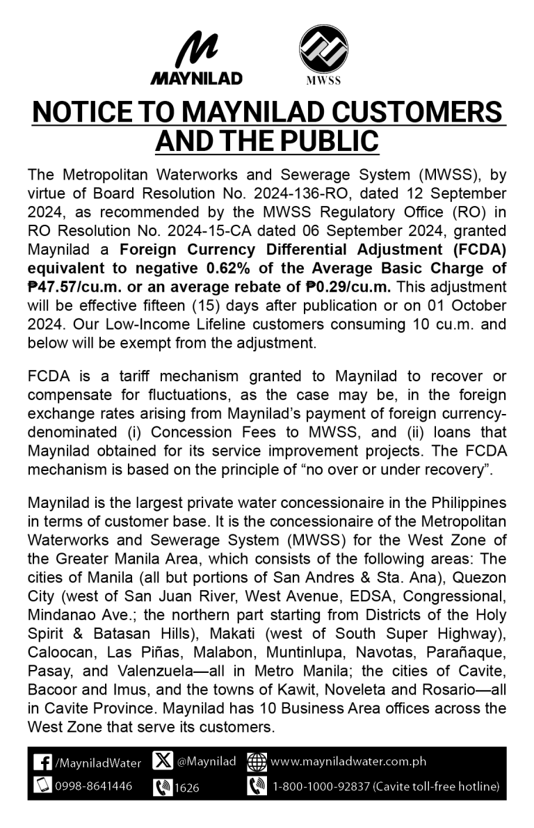Notice to Maynilad Customers: Foreign Currency Differential Adjustment (FCDA) Effective October ...