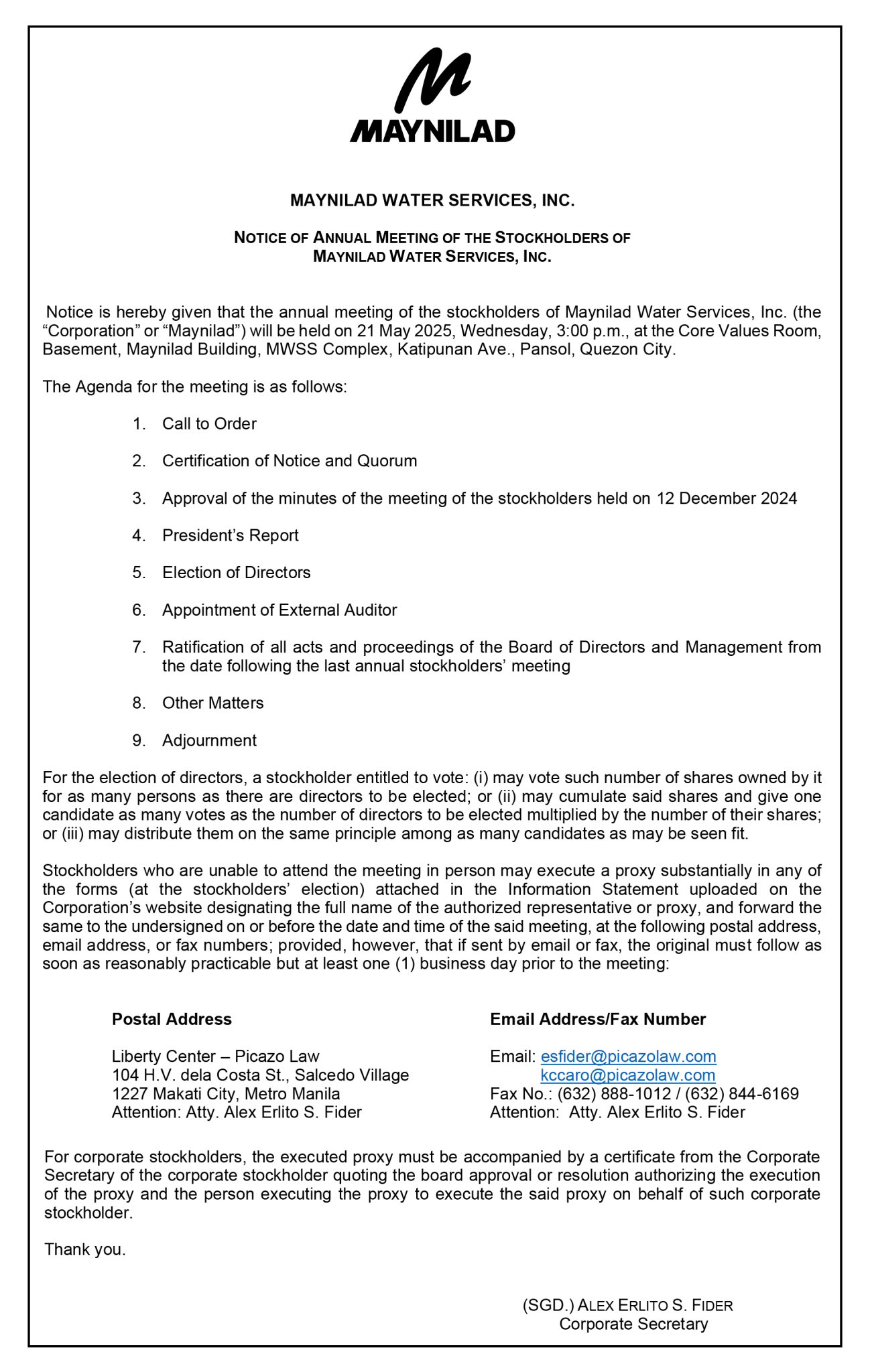 NOTICE OF ANNUAL MEETING OF THE STOCKHOLDERS OF MAYNILAD WATER SERVICES ...