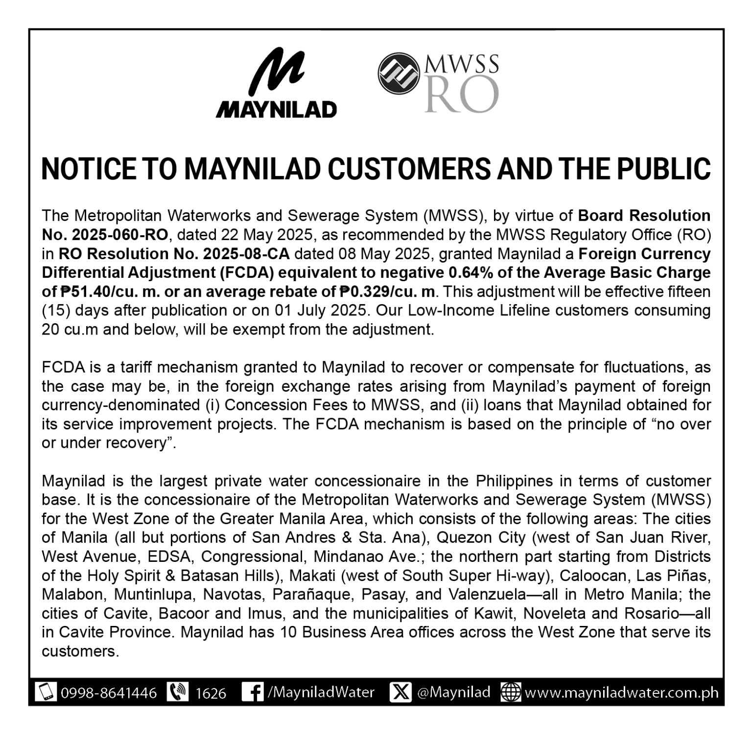 NOTICE TO MAYNILAD CUSTOMERS AND THE PUBLIC - Maynilad Water Services, Inc.