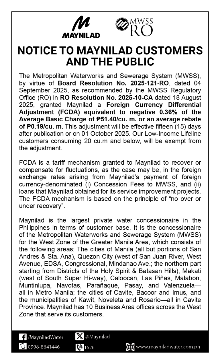 Notice to Maynilad Customers and the Public - Maynilad Water Services, Inc.