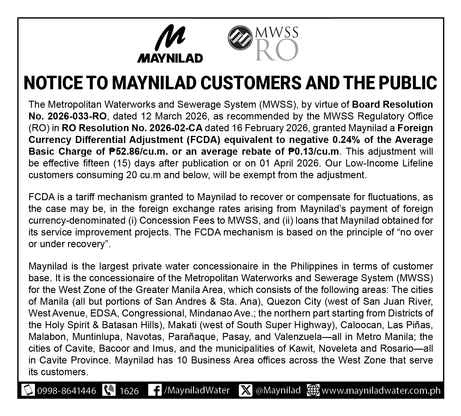 Notice to Maynilad Customers: Foreign Currency Differential Adjustment ...